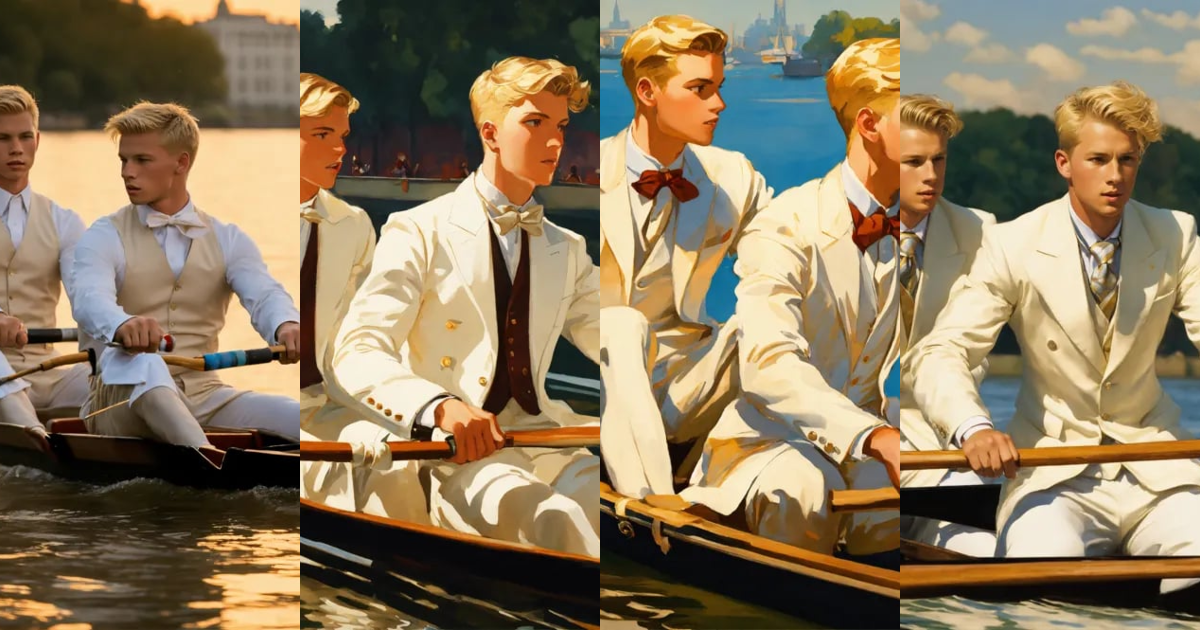 Lexica - Two blonde male students in white suit, rowing on the Thames ...