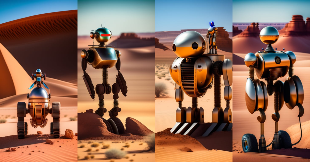 Lexica - Super frail alien model clinging to manly robot in the desert