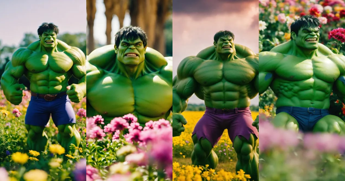 Lexica - Happy Hulk standing in a beautiful field of flowers, colorful ...