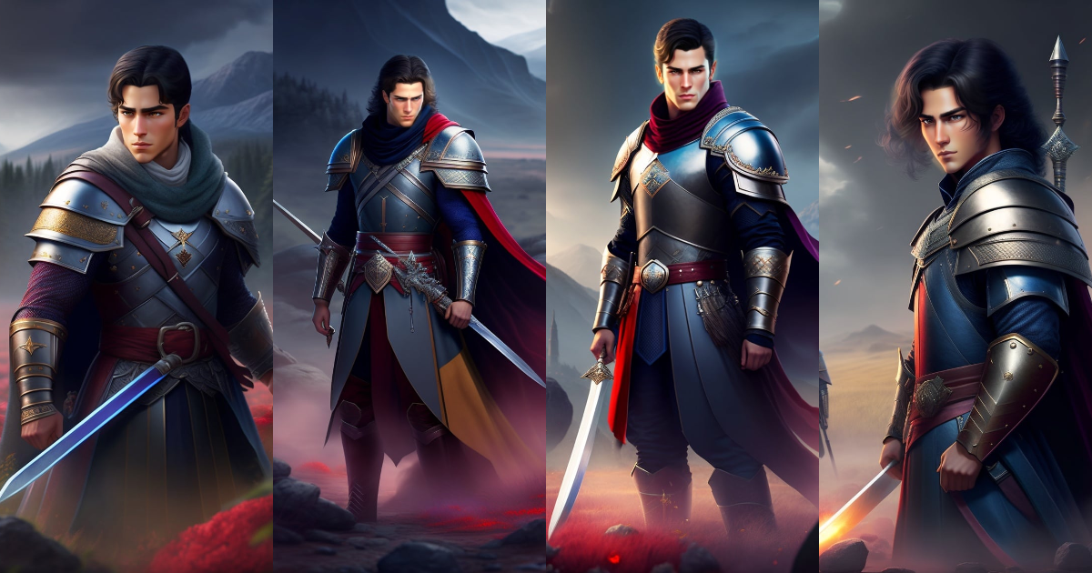 Lexica - A one-eyed, dark-haired young knight, holding his sword in his ...