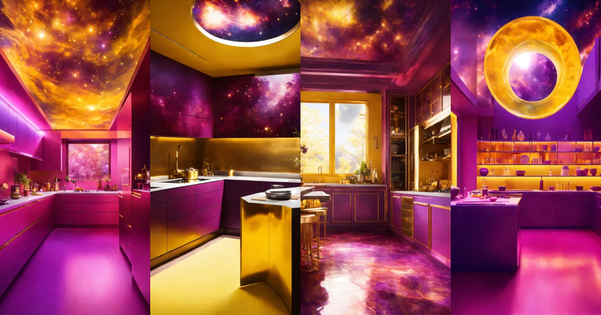 Lexica - A cosmic kitchen with yellow gold purple magenta colors a lot ...