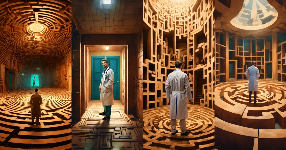 Lexica - Realistic scene of a doctor in a labyrinth