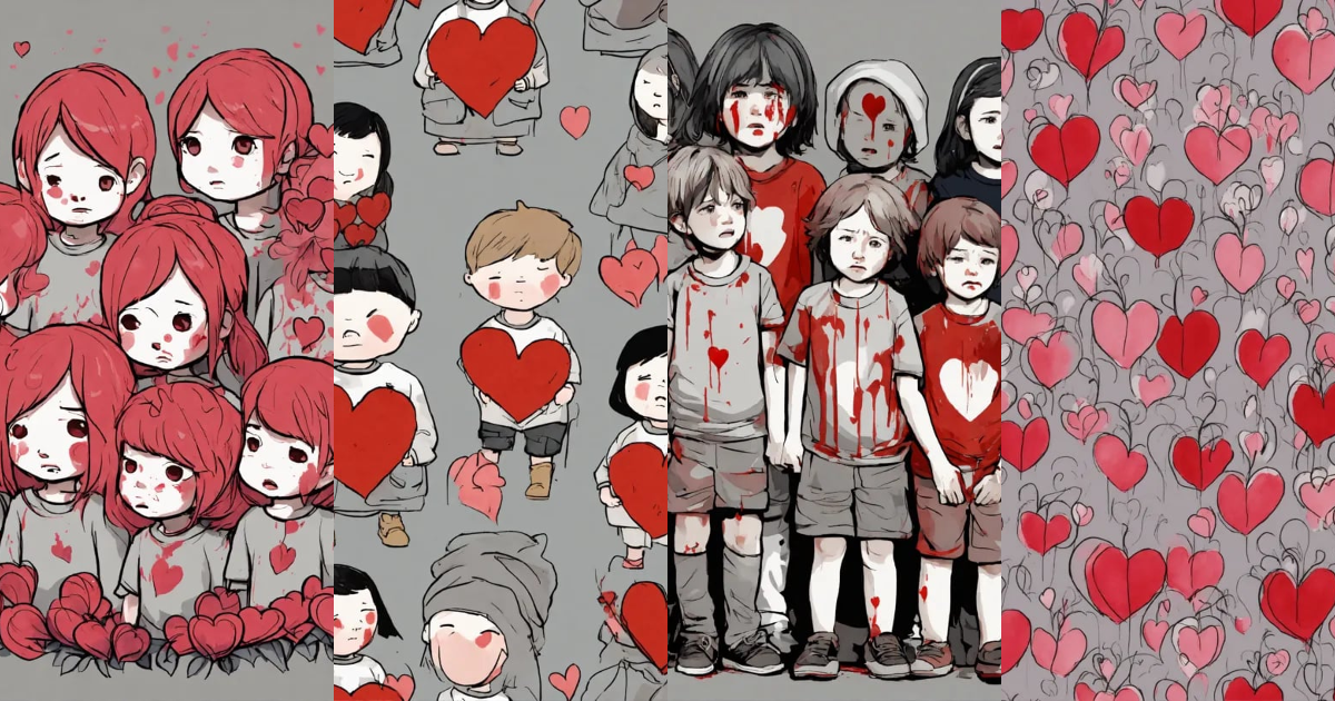 Lexica - Please generate a drawing of a big group of sad children and ...