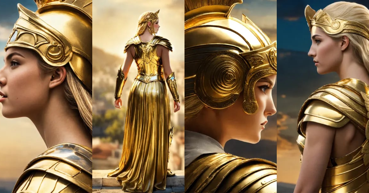 Lexica - Vivacious Greek goddess Athena with blonde hair, gold armor ...