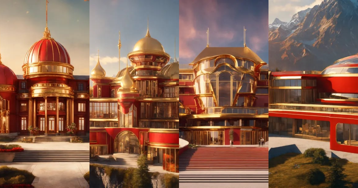 Lexica - Beautiful elegant red and gold futuristic palace in the alps ...