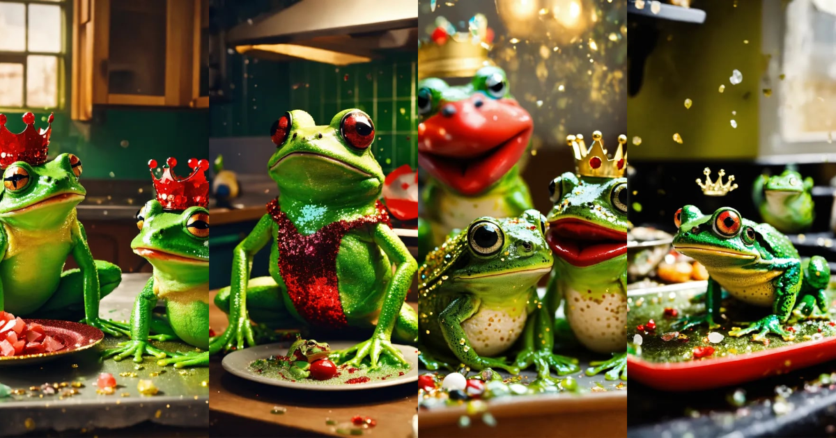 Lexica - Cute frog fighting with another cute frog glittery gown crown ...