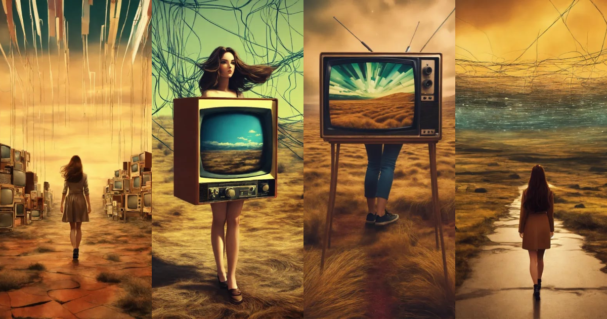 Lexica - Retro TV Static World Place a woman with long brown hair in a ...