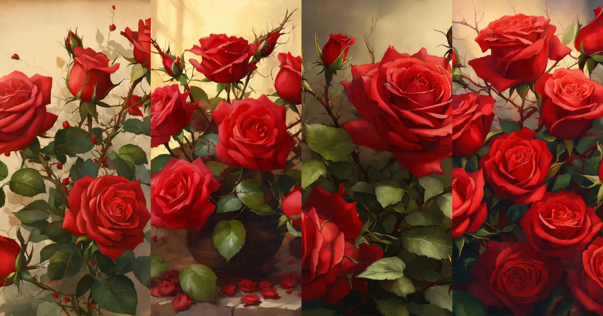 Lexica - Draw a bouquet of red roses behind a seige of thorns