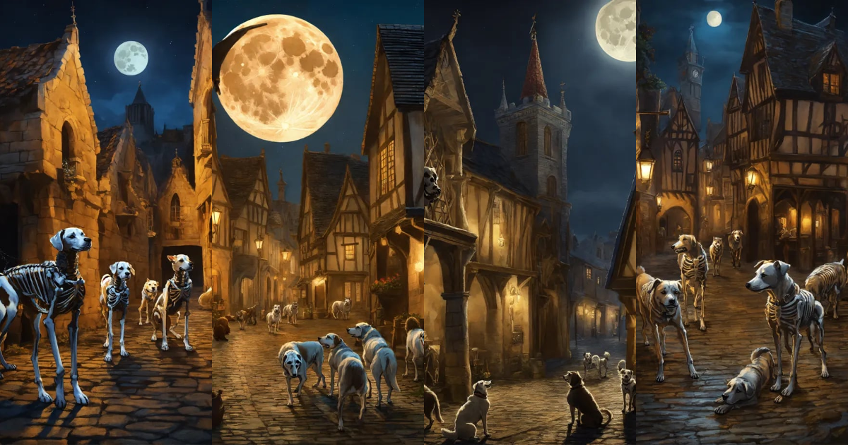 Lexica - Pack of skeleton dogs in medieval city, night with full moon ...