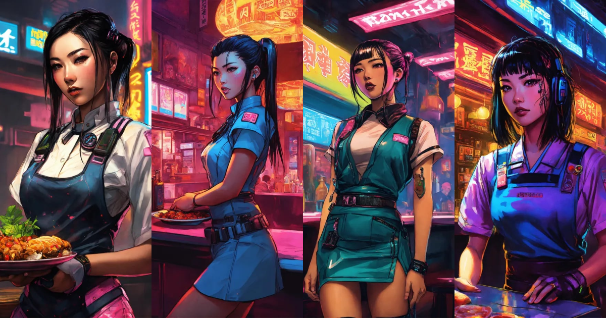 Lexica - Cyberpunk Japanese waitress weaning neon pop clothing , in a ...