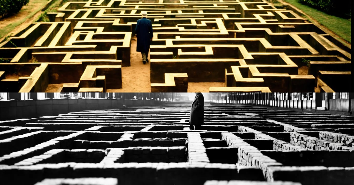 Lexica - Perfect symmetry!! vintage photo of old man trapped in a maze