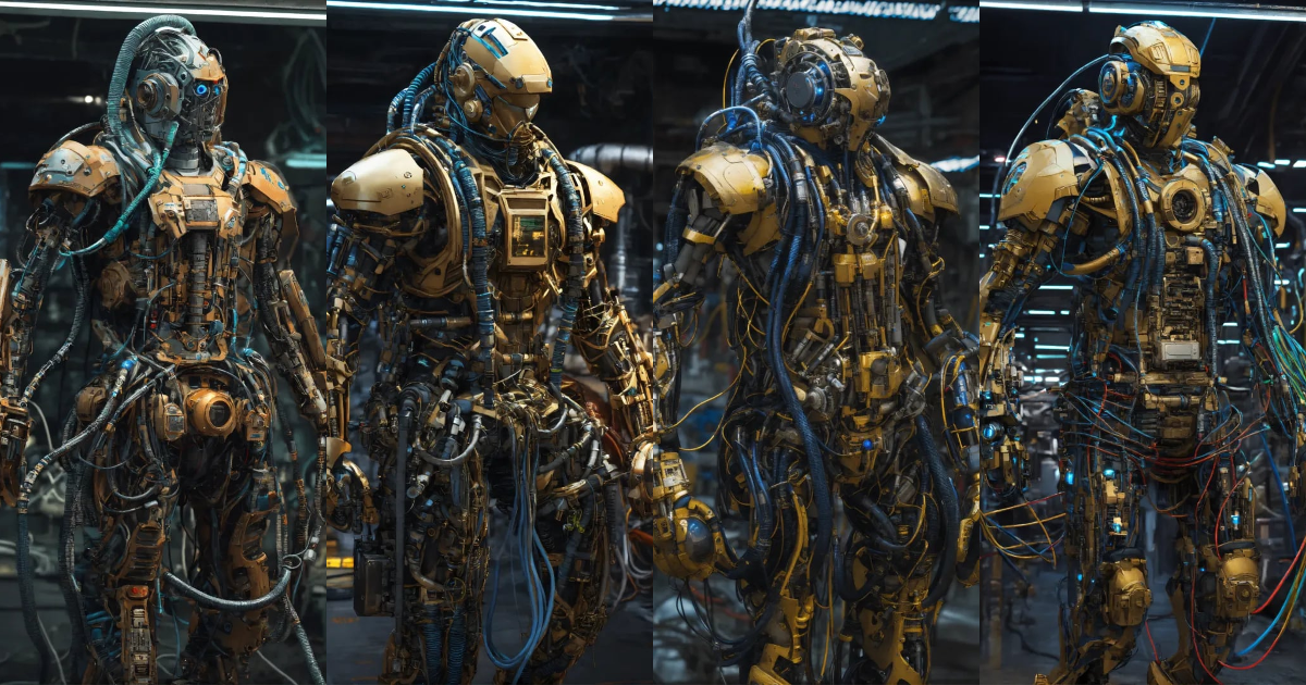 Lexica - Cybernetic mechanical warrior with many hoses and cables.