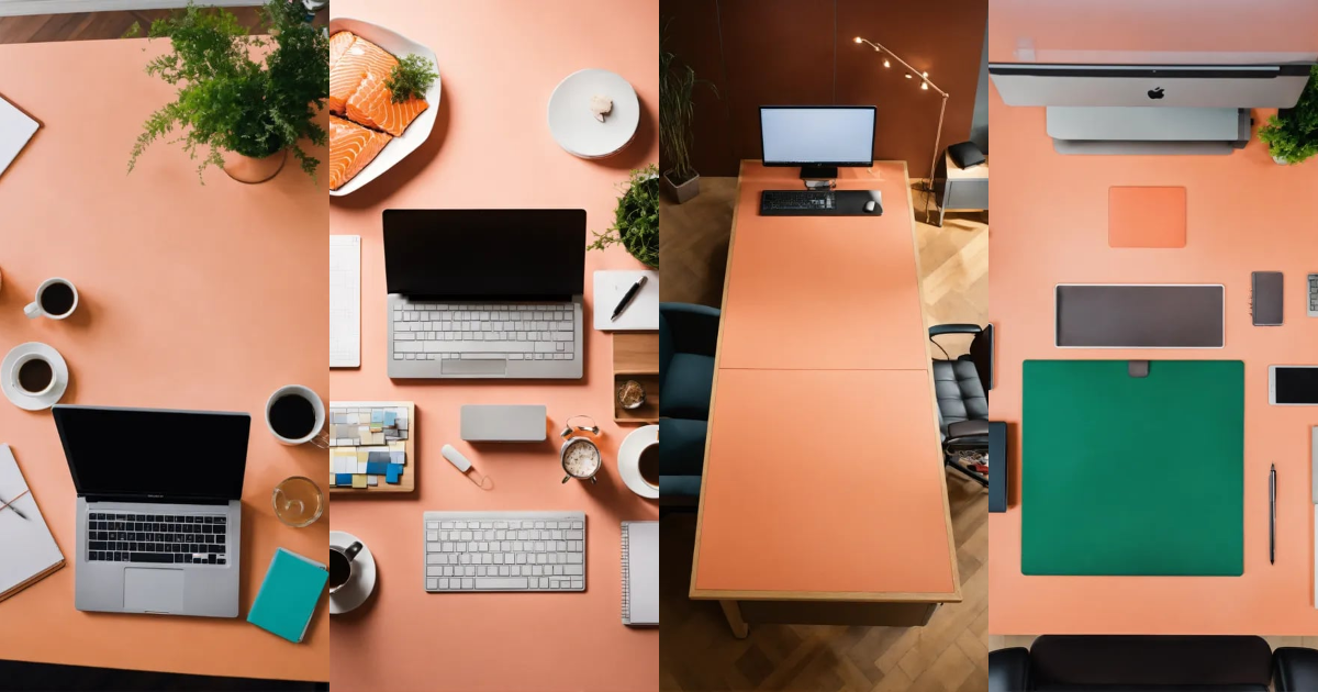 Lexica - Half-empty office desk, overhead view, real photo, salmon