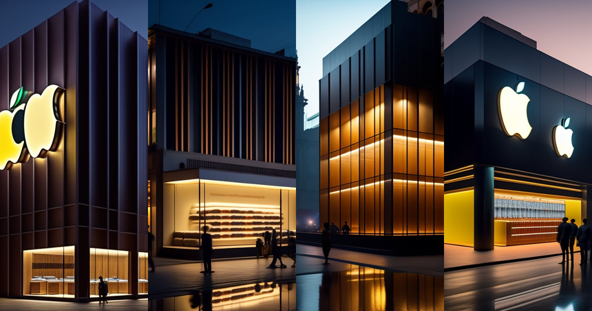 Lexica - An night-time exterior view of a large Apple Store in downtown ...