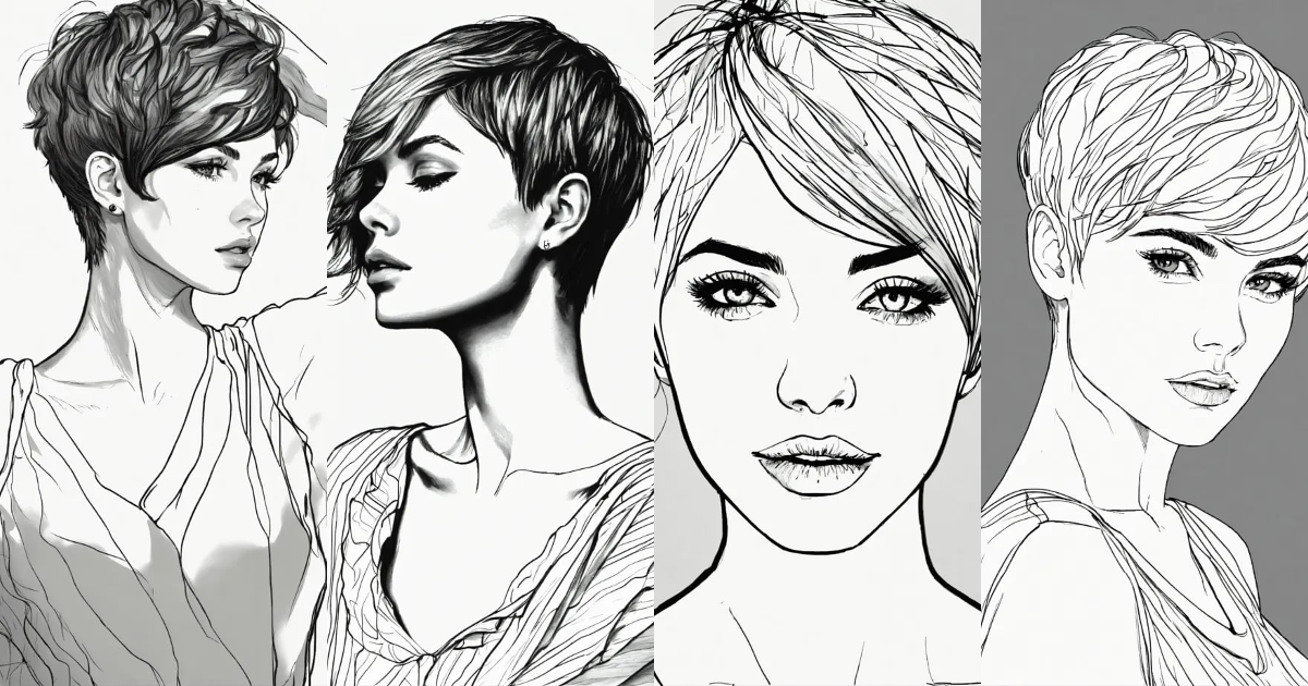 Lexica - Black and white line drawing, woman, pixie cut, upper body ...