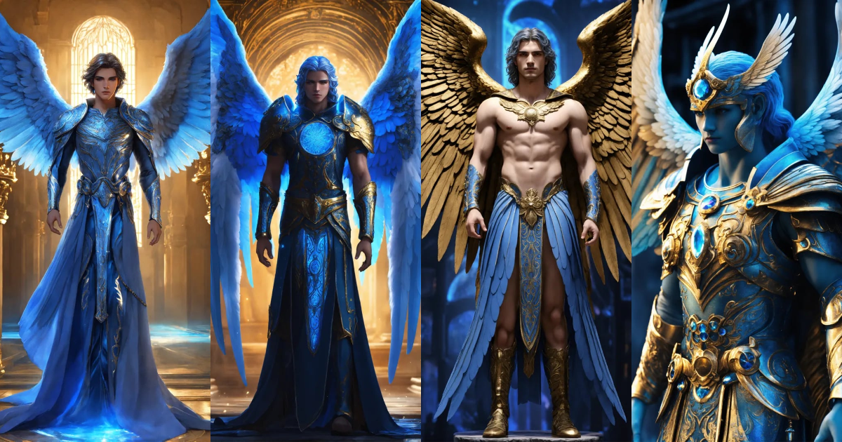 Lexica - 130-year-old male angel with detailed blue wings ...