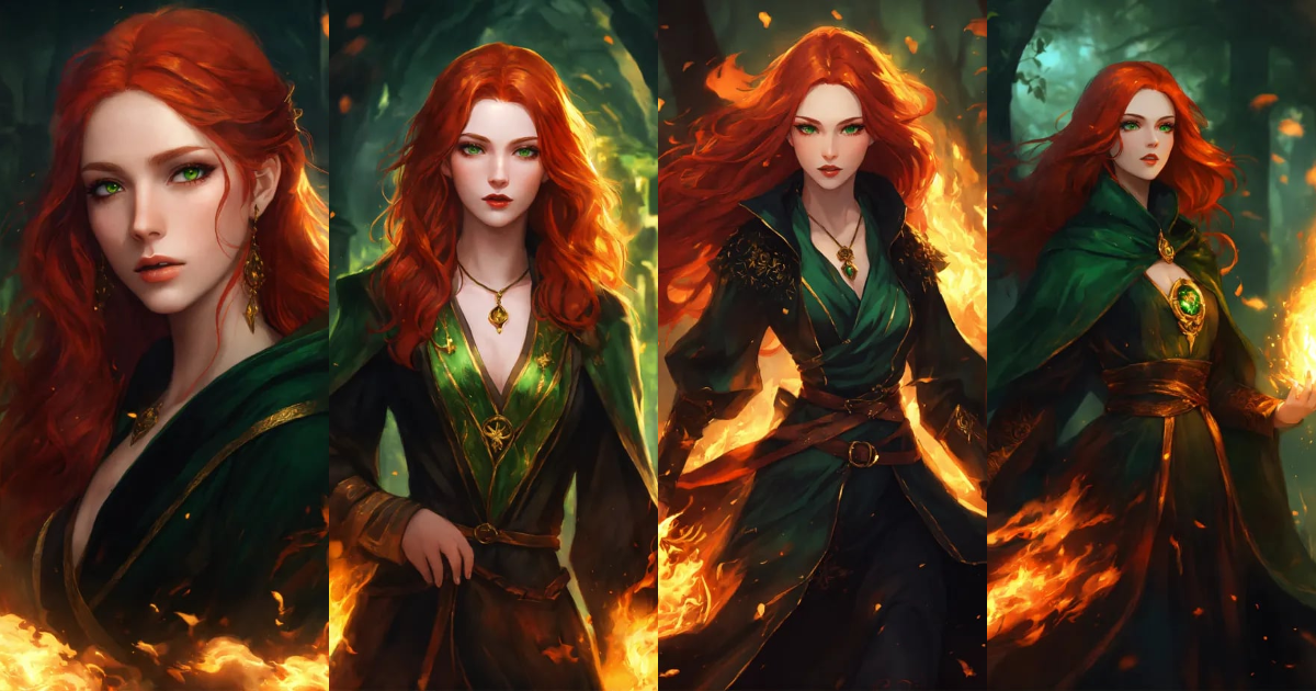 Lexica - Beautiful red haired witch with green eyes, pale skin, wearing ...