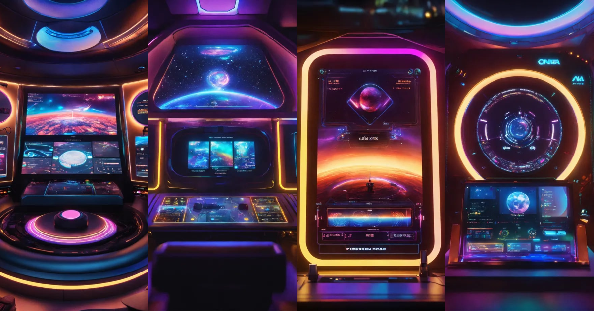 Lexica - Close up of 1 big screen in the center of a bunch of big ...