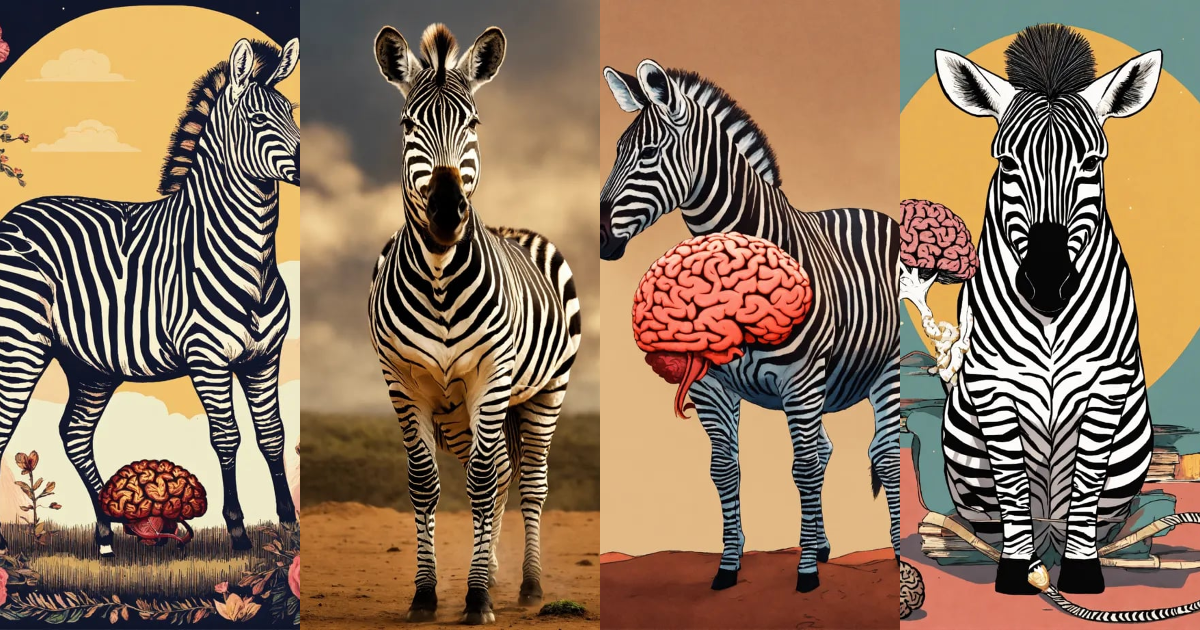 Lexica - A zebra is depicted, holding a small brain in each hand