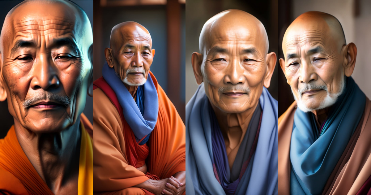 Lexica - Nepali Monk, age 70, bald hair, no beard, Calmness, blue eyes ...