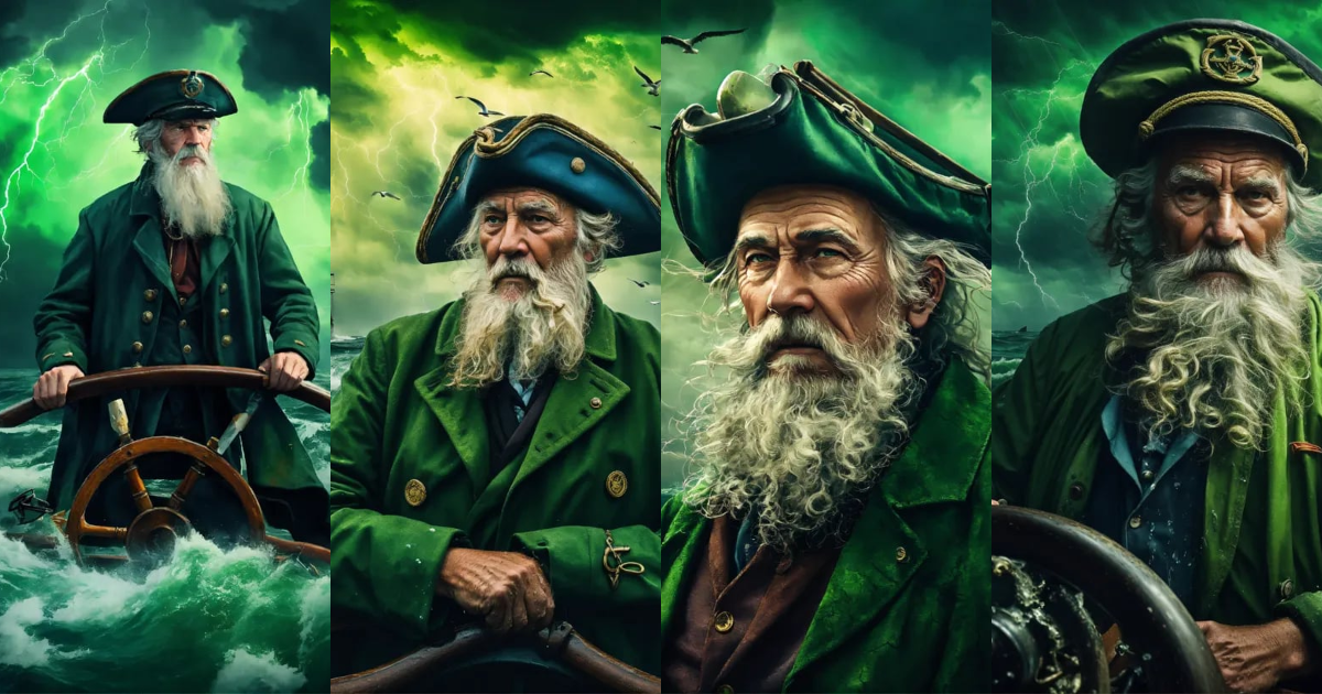 Lexica - Determined old sea captain, weathered face, steering his ship ...