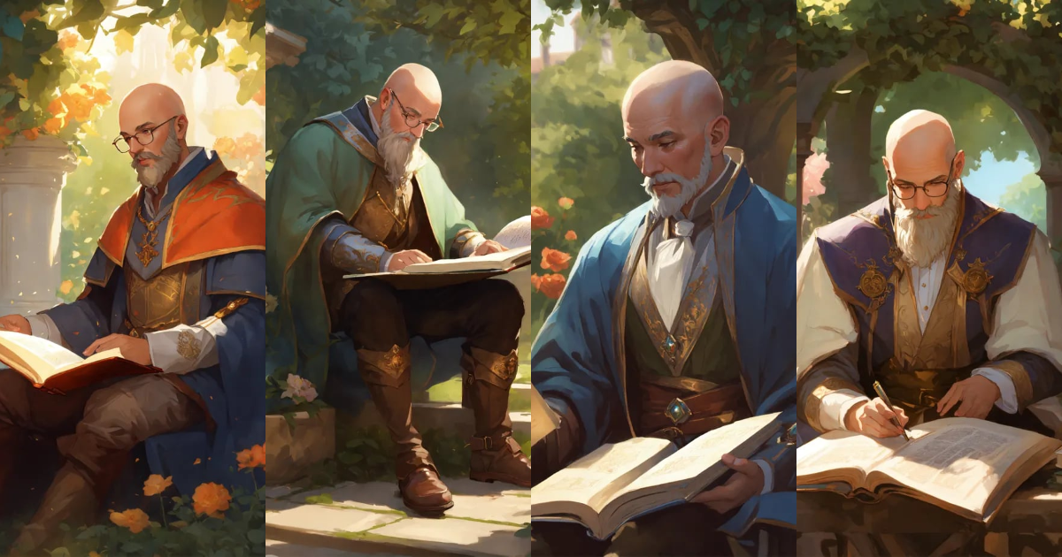 Lexica - Male noble chancellor bald Medieval reading books in a garden ...