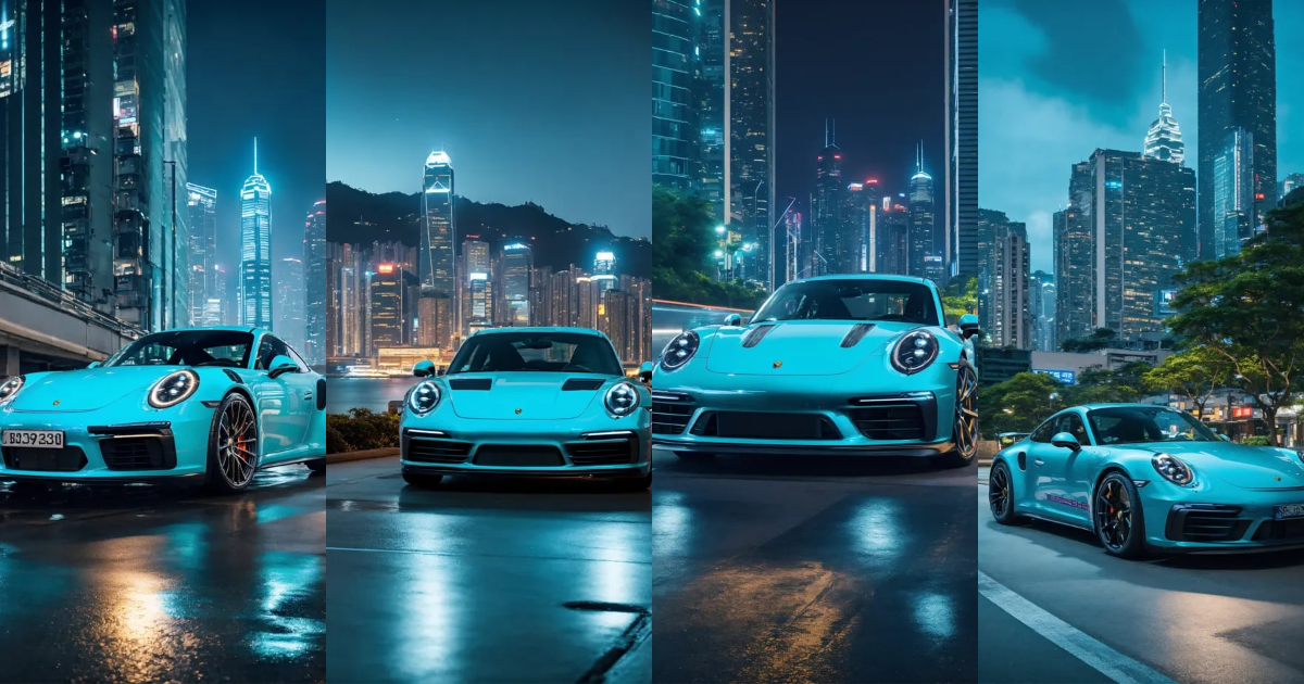 Lexica - 2023 Porsche 911, cyan, doors opened, metallic appearance ...