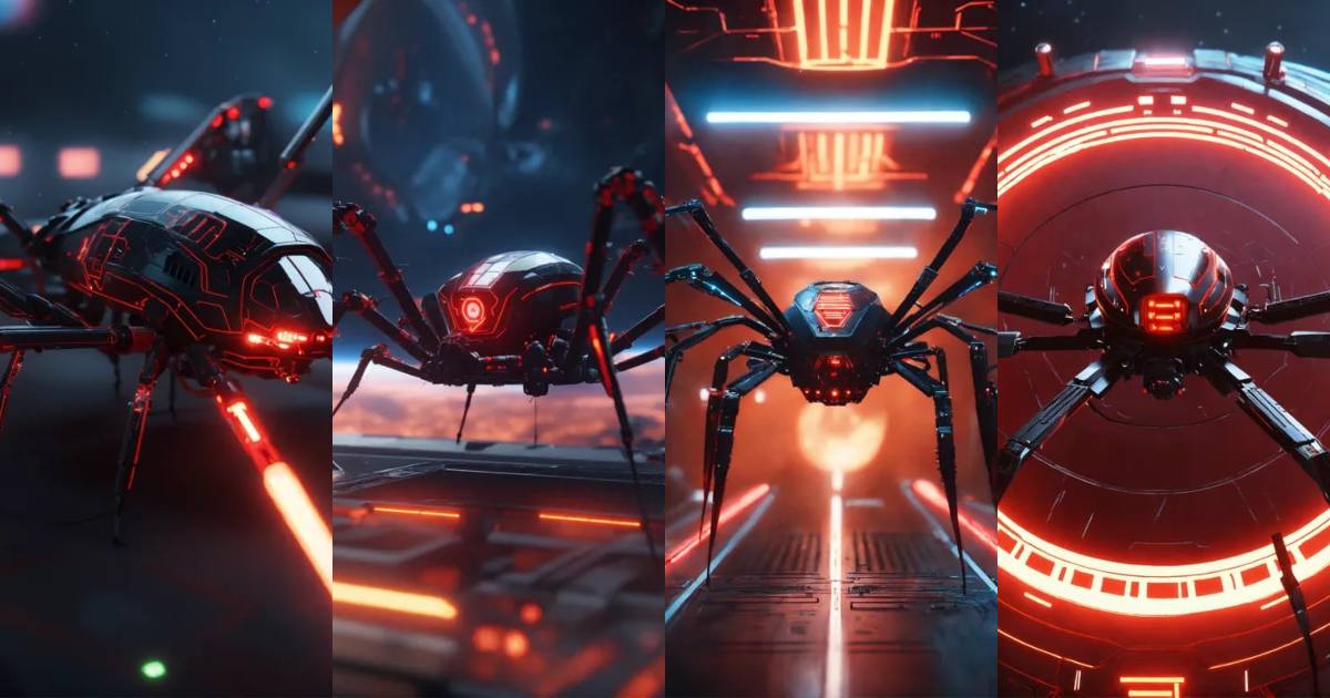 Lexica - Zoom out on a extra long black robotic black widow spider ...