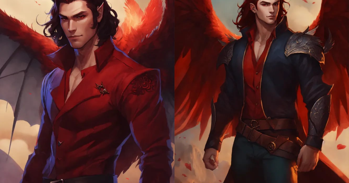 Lexica - A handsome demon man with shoulder length dark red hair ...