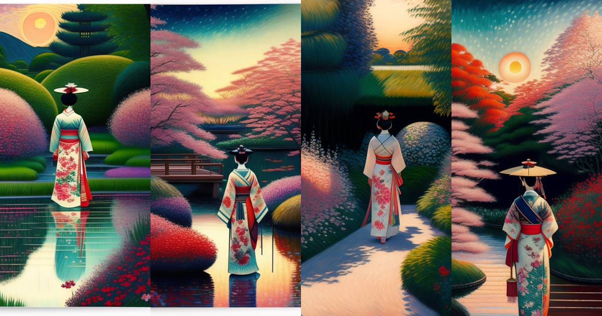 Lexica - Drawing of a geisha walking at sunset through a Japanese ...