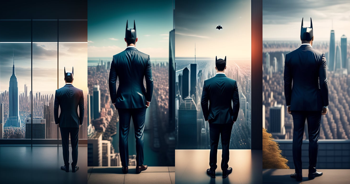 Lexica - Man in suit staring down at city like batman over the shoulder ...