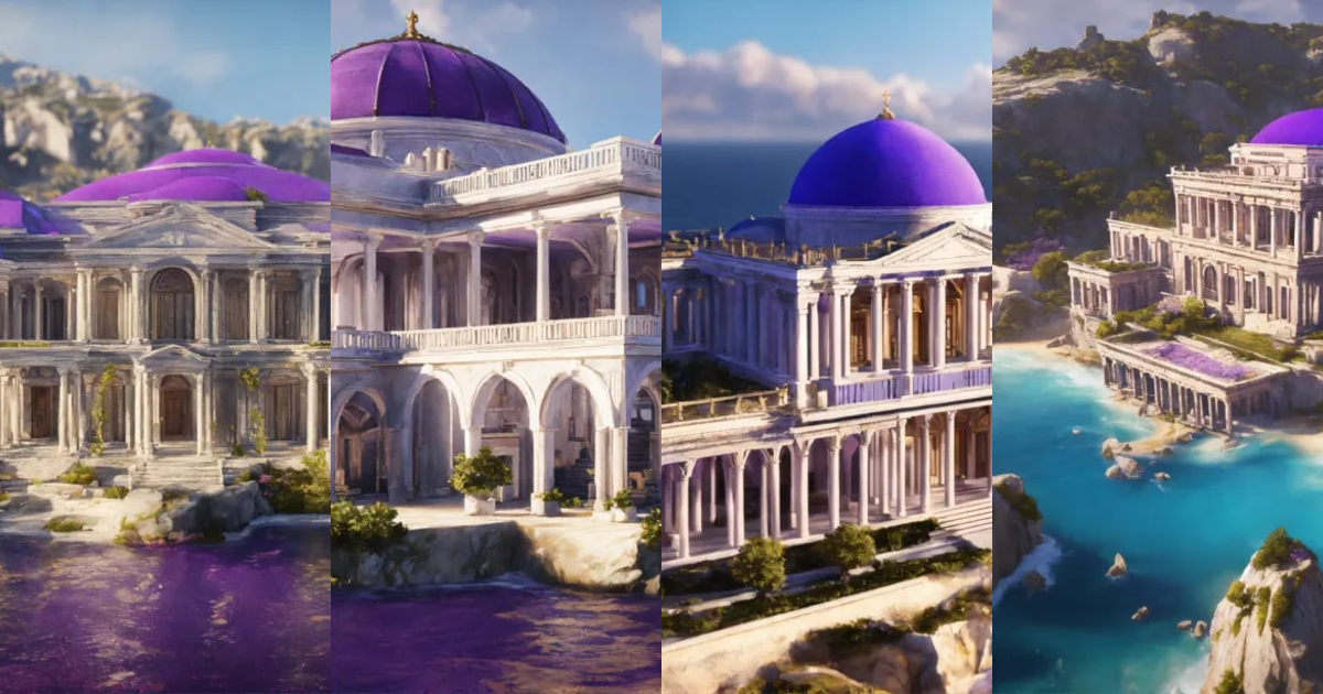 Lexica - Full image of a massive silver palace with a purple roof ...