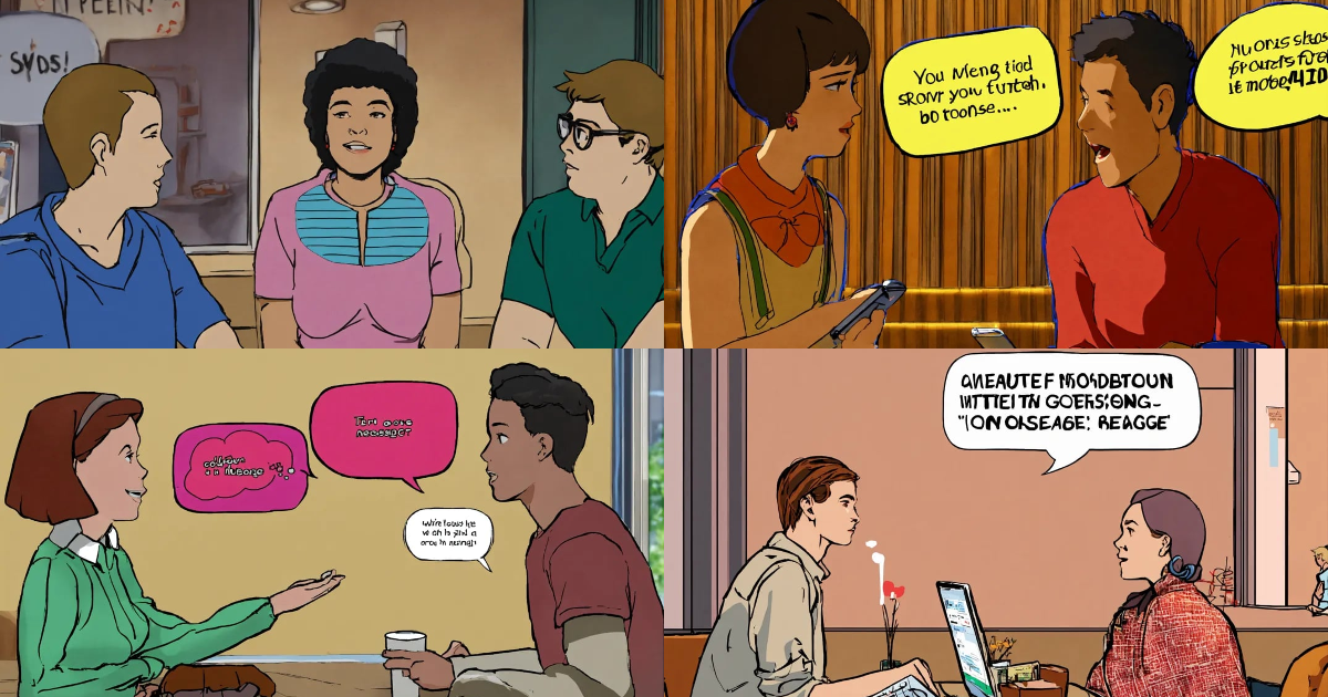 Lexica - Two people engaged in a conversation, with speech bubbles showing clear and concise ...