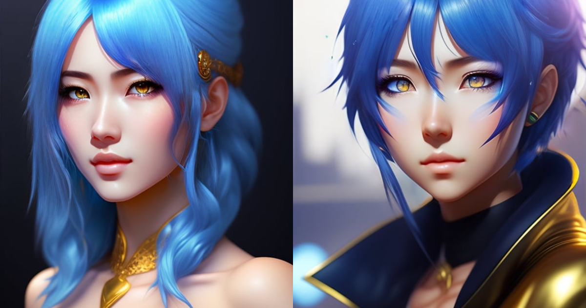 Lexica - Portrait of an anime character hyper realistic blue hair gold eyes