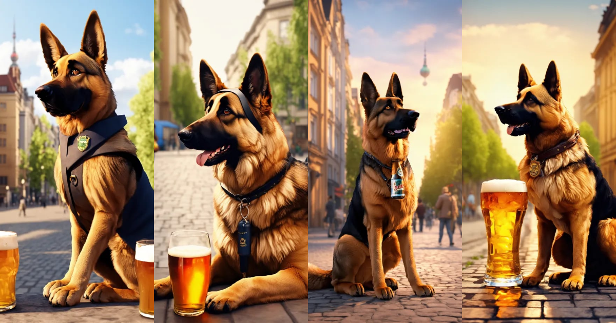 Lexica - Brown German Shepherd drink beer in berlin city, charming, 3D ...