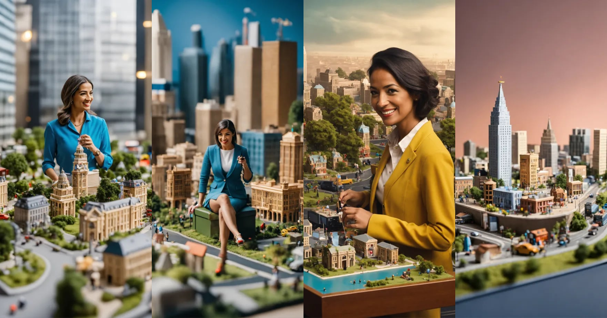 Lexica - A female politician examining a tiny model city which is set ...