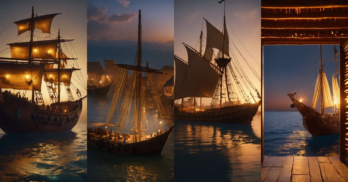 Lexica - Dhow ship sailing on the sea, with medieval African town based ...