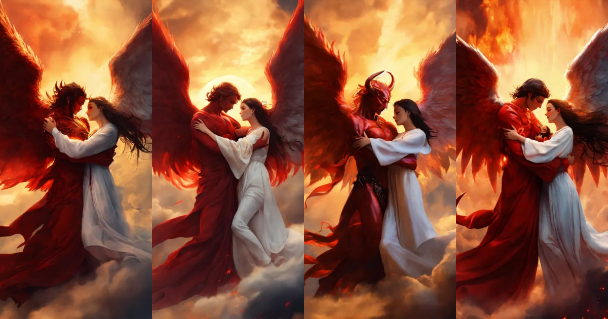 Lexica - Demon hugging an angel, flying, wide shot