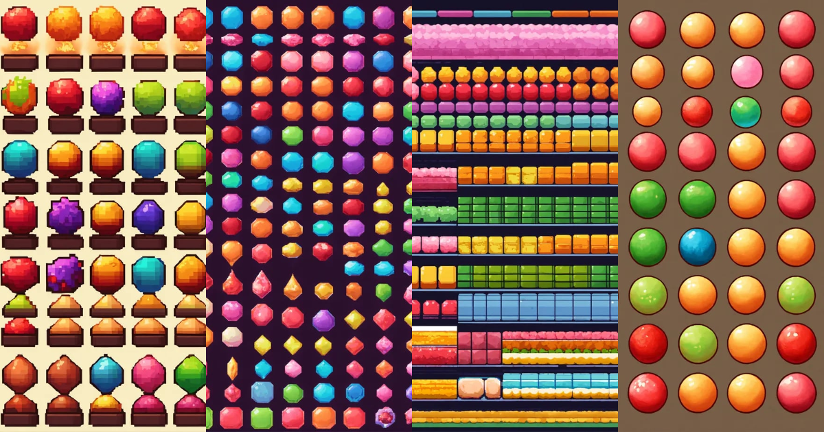 Lexica - Simple pixel sprite concept sheets of gumdrops.