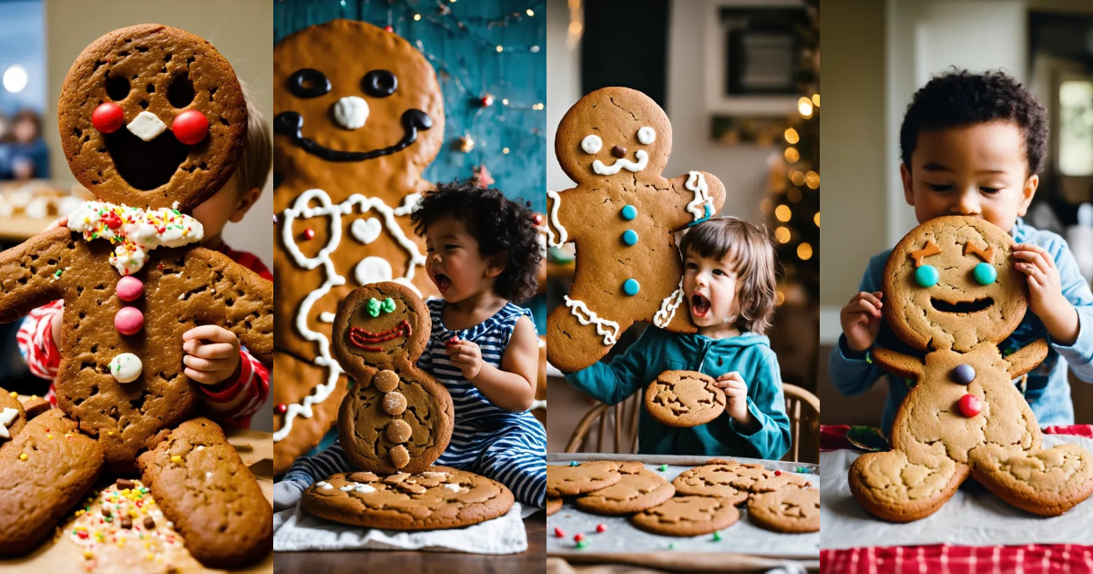 Lexica - A small child eating a giant angry gingerbread man cookie.