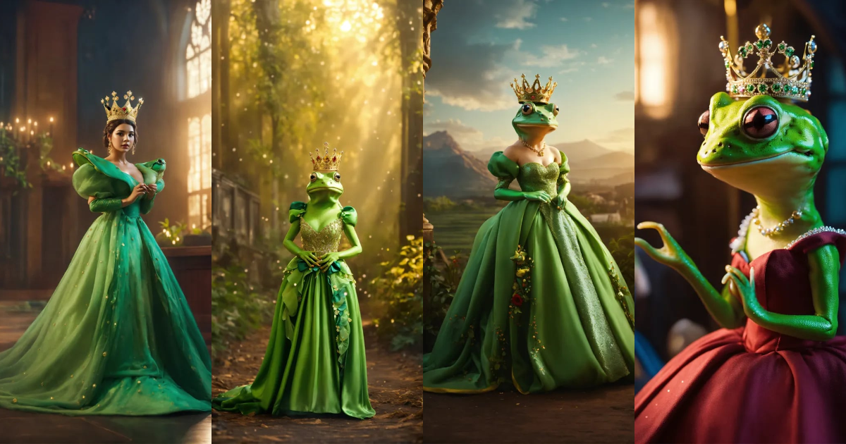 Lexica - Cute lady frog in dress and crown dressed in gown in cinematic ...