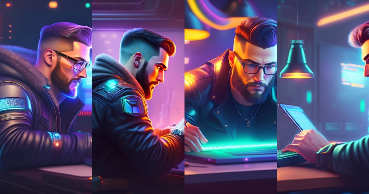 Lexica - Realistic successful man coding on a laptop in the gaming room ...