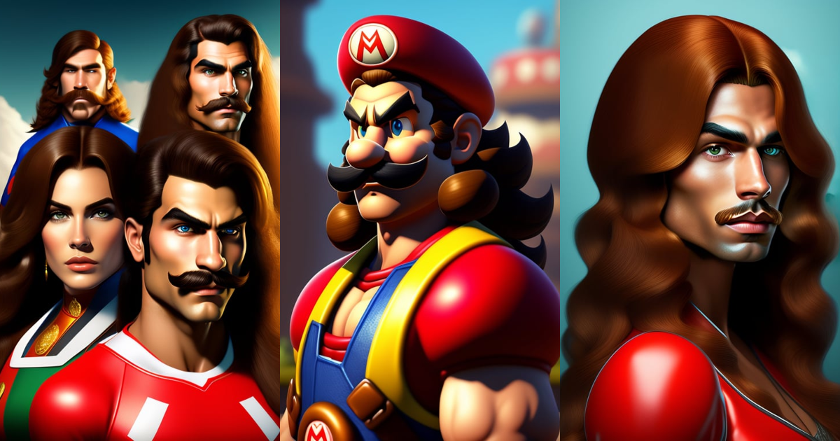 Lexica - Portrait of super strong mario bros with long hair realistic style