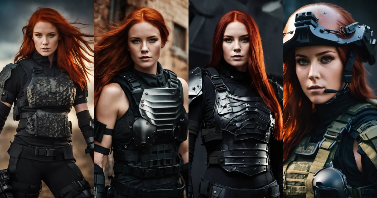 Lexica - Female athletic red hair model wearing black metal military ...