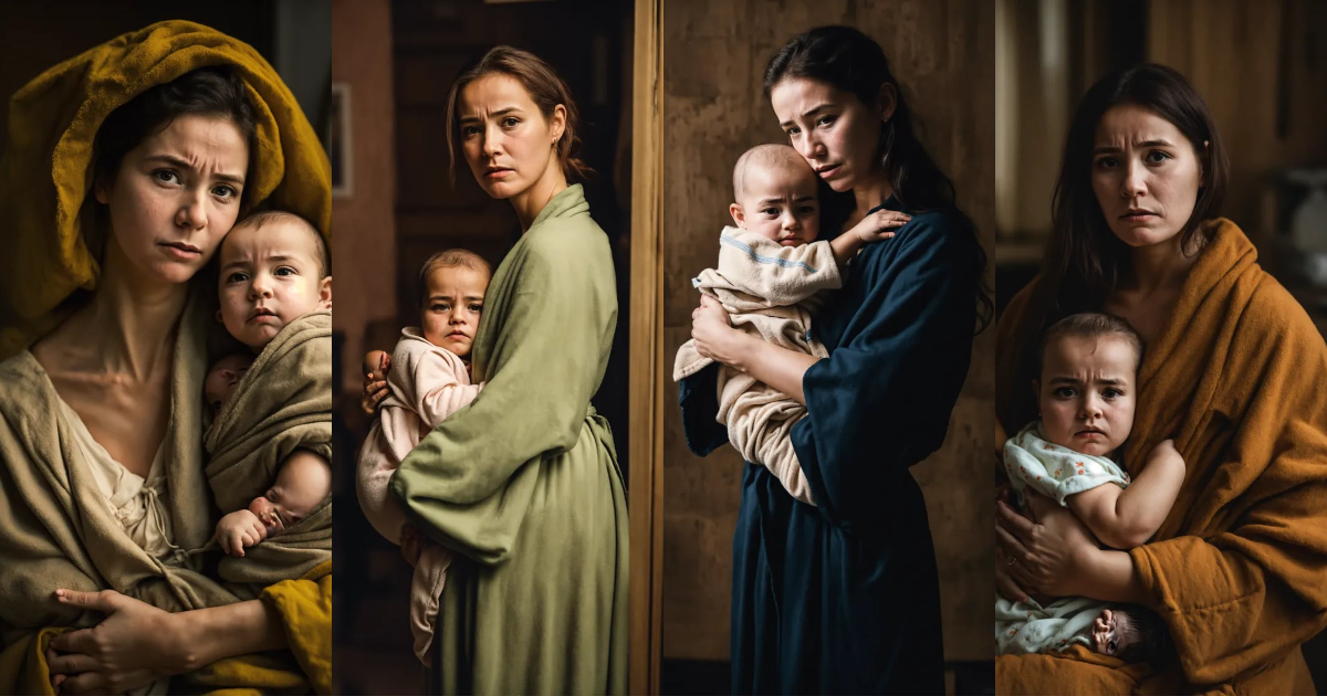 Lexica - A sad woman in a housecoat with a sad and pitiful face holds ...