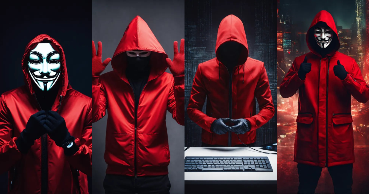 Lexica - Anonymous hacker in red jacket with dark hidden face with arms pointing at himself