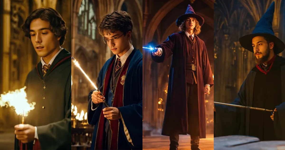 Lexica - Man young wizard, inside Hogwarts with a magic wand in his ...