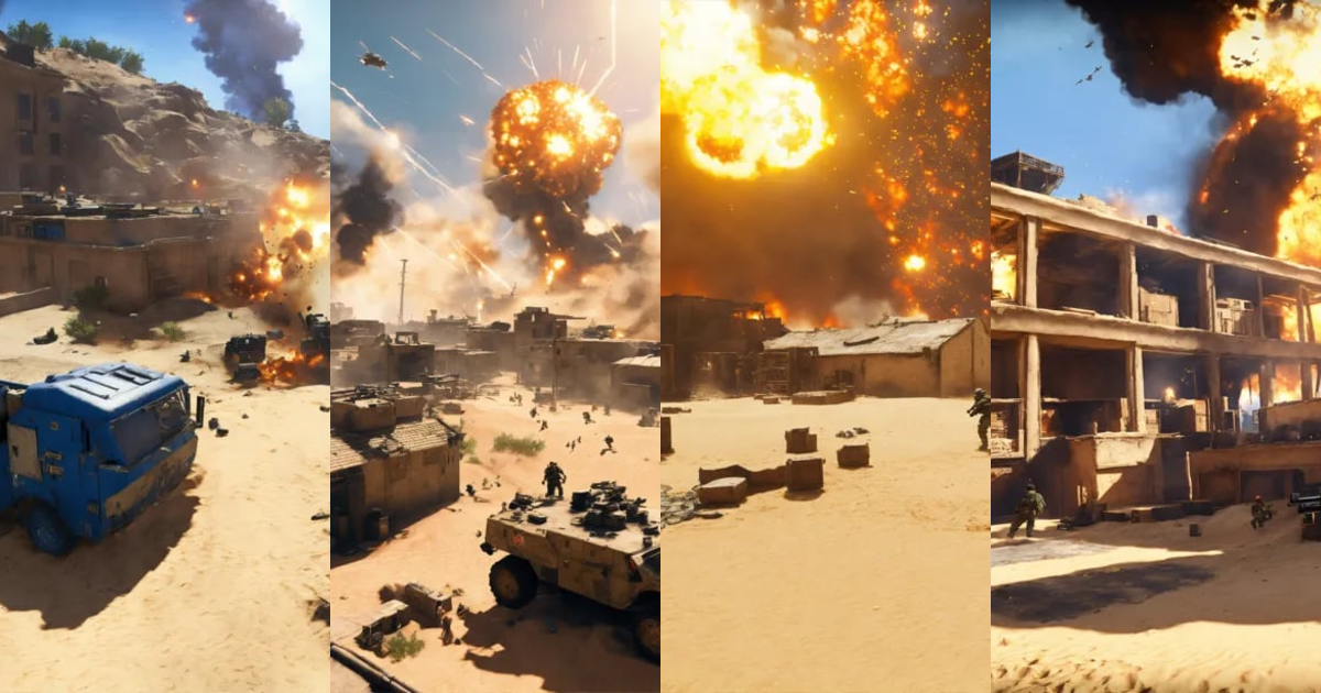 Lexica - Warzone map call of duty, blue sky, sand, huge explosion