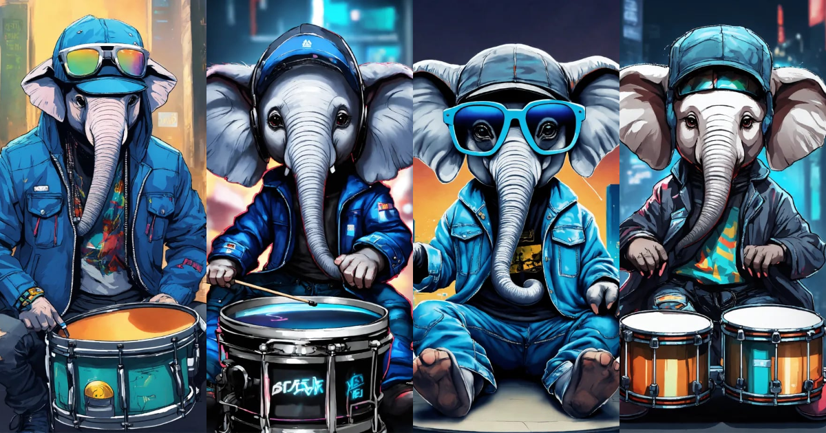 Lexica - Cute baby elephant cyberpunk hacker playing drums with blue ...