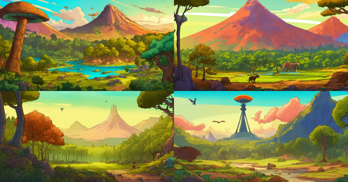 Lexica - 2d cartoon prehistoric landscape with a forest and a vulcan on ...